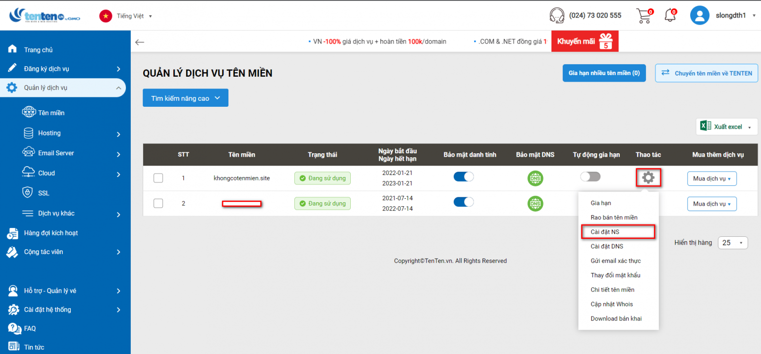 Hướng dẫn cấu hình Nameserver ở TenTen - Hướng dẫn TENTEN
