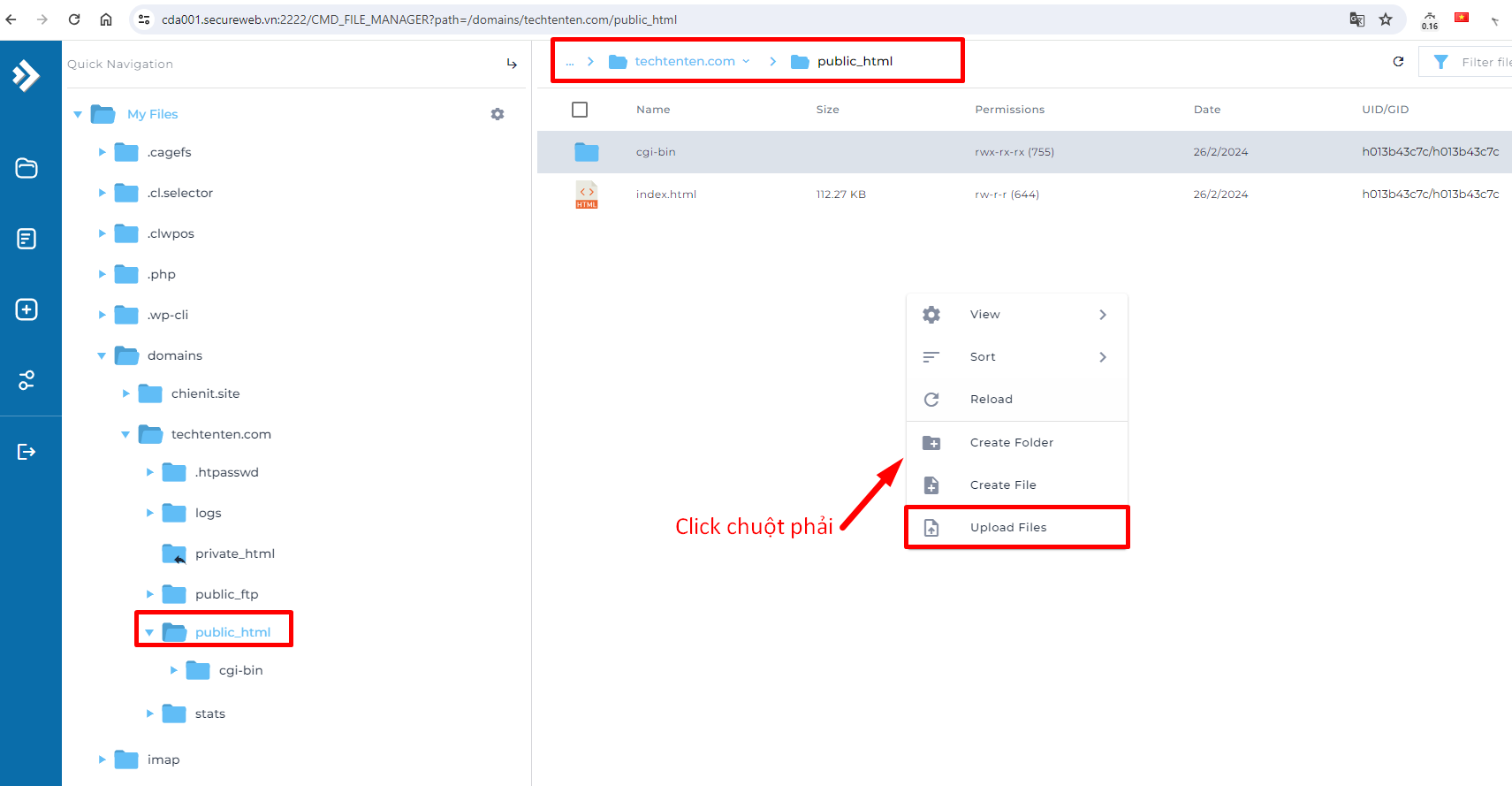 Hướng dẫn upload files in File Manager DirectAdmin - Hướng dẫn TENTEN